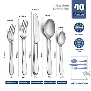 40 Piece Matte Silverware Set for 8, EIUBUIE Premium Stainless Steel Flatware Set, Matte Finish Cutlery Durable Solid, Modern Kitchen Tableware Eating Utensil Sets Includes Spoons Forks Knives