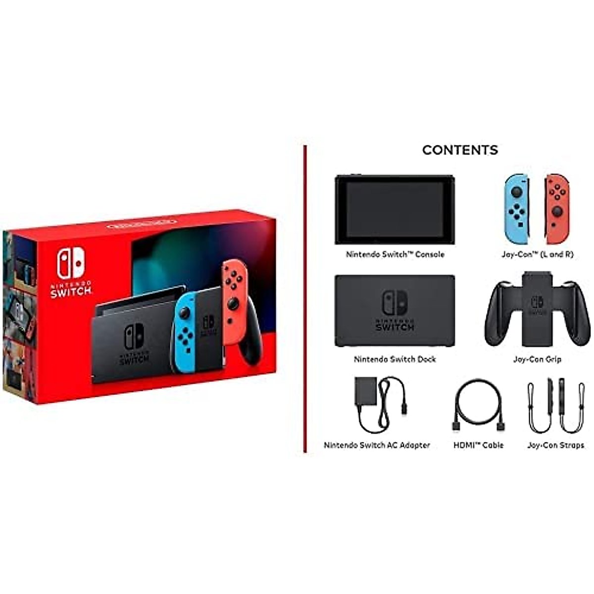 New Switch Deluxe Game Bundle For Holiday: Nintendo Switch with Neon Blue and Neon Red Joy-Con - 6.2" Touchscreen LCD Display + Mario and Rabbids Kingdom Battle Game, and T.F. Card