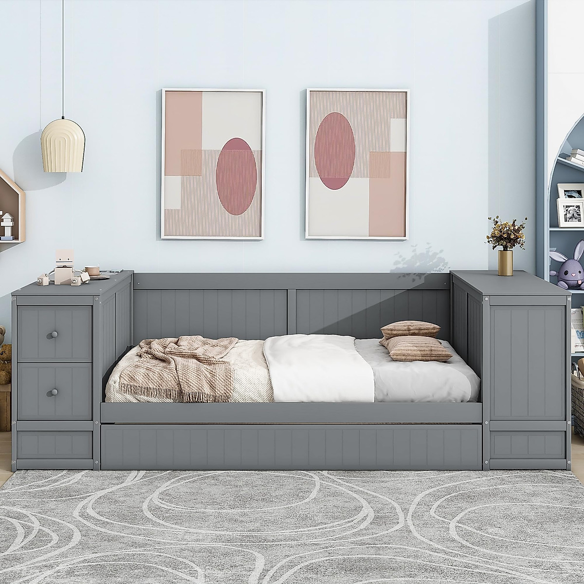BestLM Wood Twin Size Daybed with Trundle, Sofa Bed with Storage Arms, Drawers and Charging Station for Kids Teens Boys Girls, No Box Spring Needed, Gray