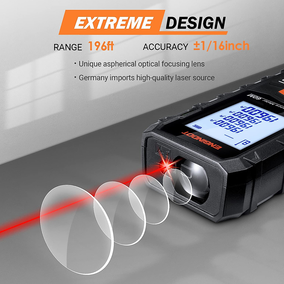 Laser Measure 196Ft, ENGiNDOT Digital Laser Distance Meter with 2 Bubble Levels, M/in/Ft/Ft+in Switch, IP54 Waterproof & Dust-Proof, Backlit LED, Measure Distance, Area, Volume, Pythagorean Mode