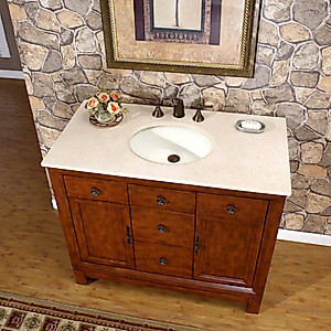 Silkroad Exclusive HYP-0911-CM-UWC-42 Countertop Cream Marble Stone Single Sink Bathroom Vanity with Bath Cabinet, 42", Medium Wood