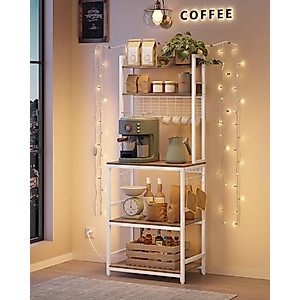 VASAGLE Hutch Bakers Rack with Power Outlet, 14 Hooks Microwave Stand, Adjustable Coffee Bar with Metal Wire Panel, Kitchen Storage Shelf, 15.7 x 23.6 x 66.9 Inches, Rustic Walnut and White UKKS037W41