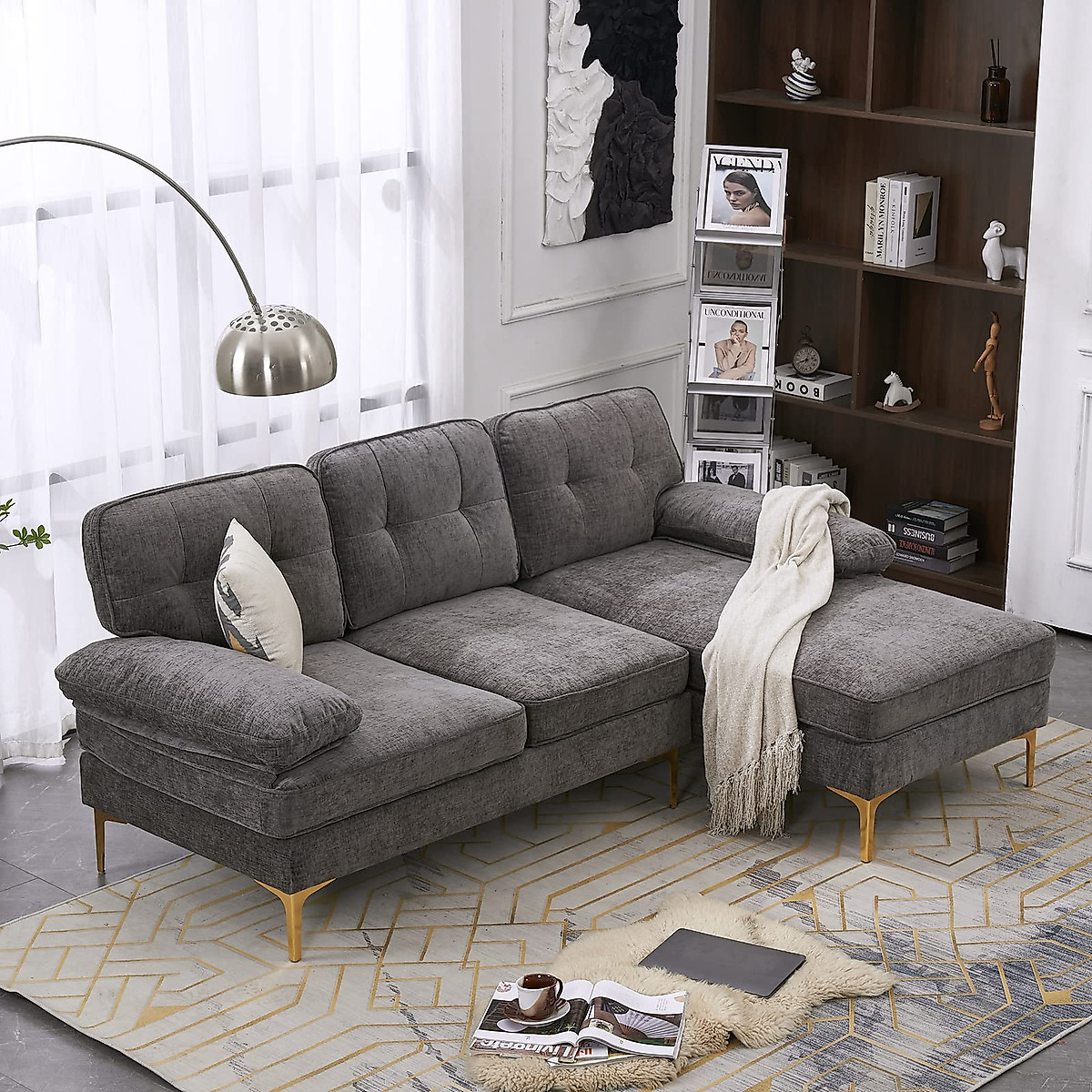 Karl home Sectional Sofa 83" L-Shape Sofa Couch 3-Seat Couch with Chaise ChenilleFabric Upholstered for Living Room, Apartment, Office, Dark Gray