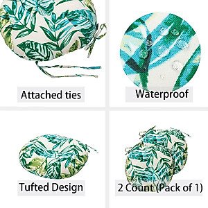 FUNHOME Bistro Chair Cushions 15 inch,Set of 2,Tufted Round Outdoor Chair Cushions 15"x15"x4",Waterproof Patio Seat Cushion with Ties for Barstool Garden Kitchen Furniture(Palm Leaf)