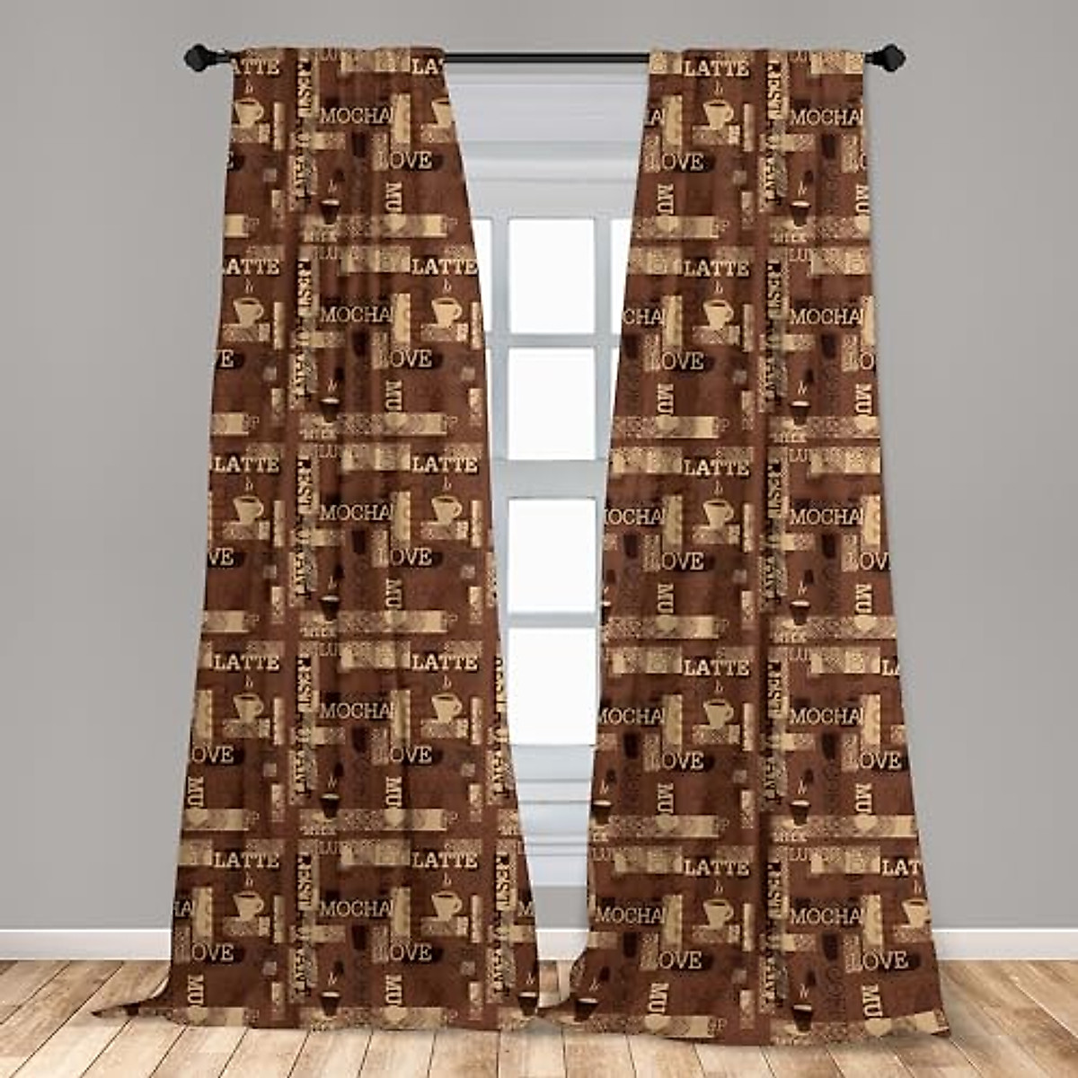 Ambesonne Coffee Window Curtains, Cafeteria Pattern with Hot Mocha Latte Milk Love Typography on Scribble Backdrop, Lightweight Decor 2-Panel Set with Rod Pocket, Pair of - 28" x 63", Beige Brown