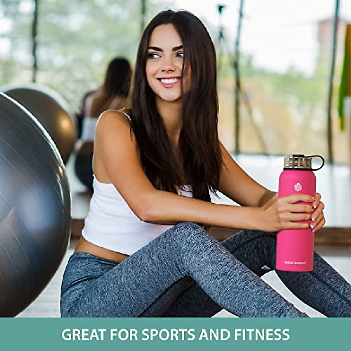 Swig Savvy Sports Water Bottle, Vacuum Insulated Stainless steel, Double Wall Wide Mouth Leakproof Lid - 18oz (Pink)