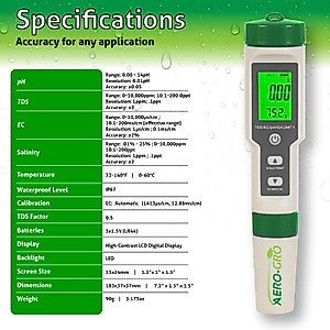 AERO-GRO Digital 5-in-1 Meter: 5 Functions: pH, TDS, EC, Salinity%, Salinity ppm, and Temp, IP67 Waterproof, Pen-Type Tester for Hydroponics, Water, Wine, Spas, Aquariums