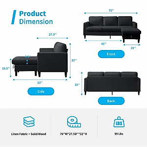 Mjkone Convertible Sectional Sofa Couch with Storage Ottoman, 76" W L-Shaped Couch for Living Room, 3-Seat Sofas with Reversible Chaise, Sectional Couches for Living Room/Office/Bedroom (Dark Grey)