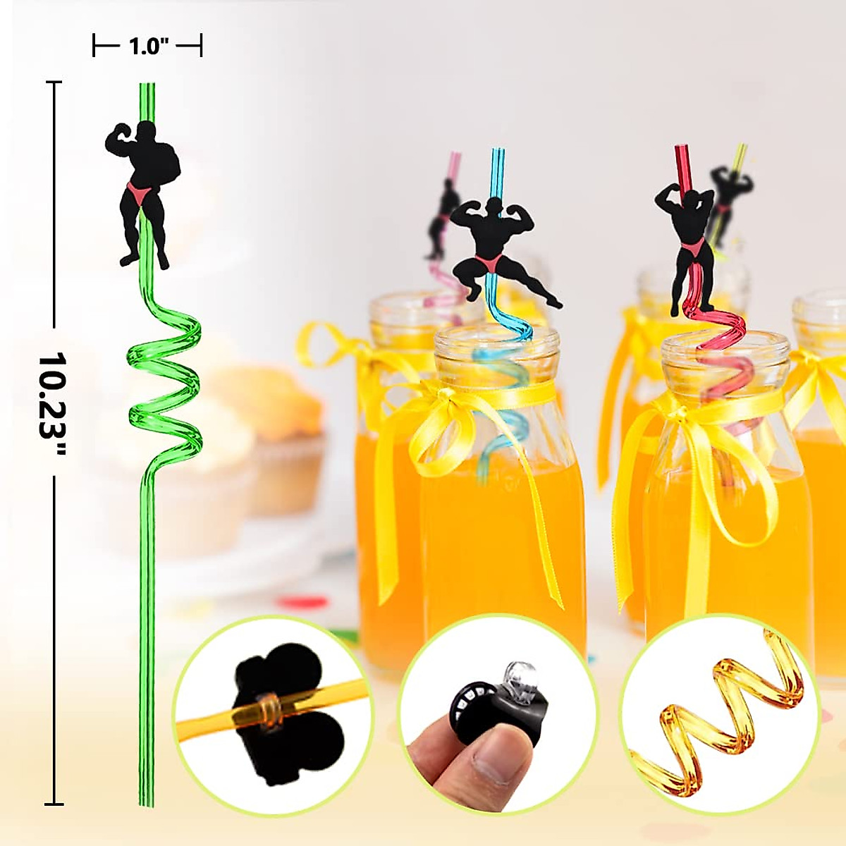 24pcs Bachelorette Party Favors Pink Stripper Dancing Men,Reusable Crazy Swirl Straws,Bachelor Straws,Mexican Mermaid Naughty Party Drinks Cocktail Straws Party Supplies bodybuilding 8 color Straws