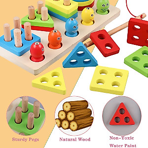 QYBZOKL Montessori Toys for 2 Year Old Boys Girls,Wooden Sorting & Stacking Toy, Magnetic Fishing Game for Toddlers,Preschool Educational Learning Toy for Kids Ages 3 4 5 6+, Birthday Gifts