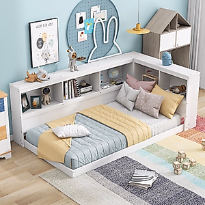 Wood Twin Size Daybed with Storage Bookcases Cabinets and USB Ports, Twin Platform Bed with Headboard, Twin Size Sofa Bed Frame for Bedroom Living Room, Box Spring Needed (White)