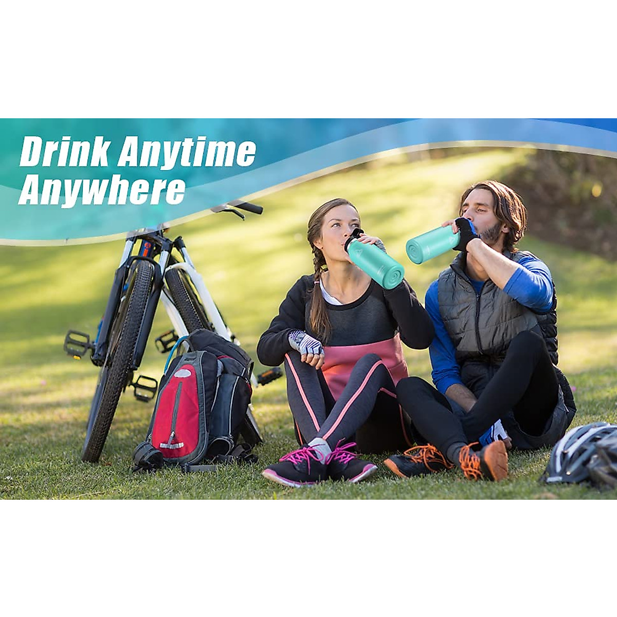 Frenchy EU Sports Water Bottle - 32 OZ, lids, Stainless Steel, Vacuum Insulated, Wide Mouth, Leak Proof, Reusable, Ecologique (Pacific)