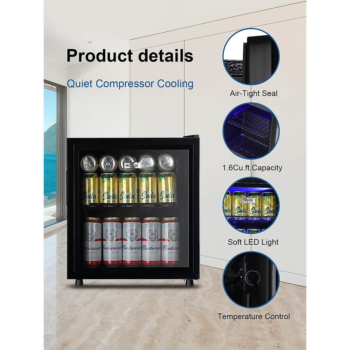 Beverage Refrigerator Cooler 60 Can Cooler Fridge Glass Door for Beer Drinks Wines Juice, 1.6 Cu. Ft Adjustable Shelves Blue LED Lights and User Friendly Temperature Knob for Home Office Dorm Bar