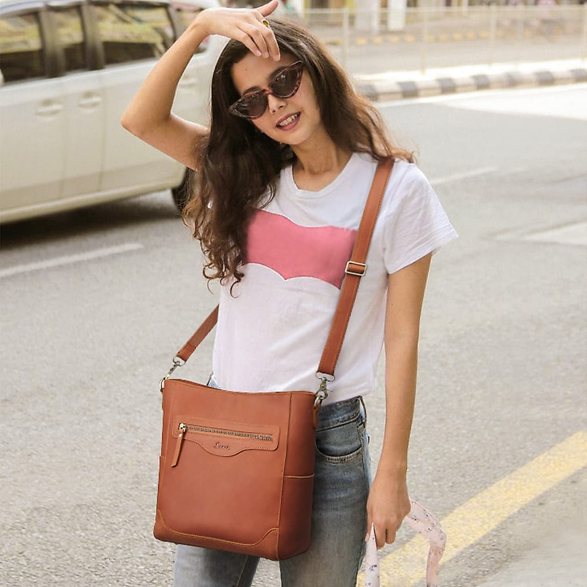 S-ZONE Women Genuine Leather Bucket Shoulder Bag Vintage Crossbody Purse with Outer Pocket