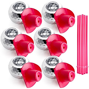 Noamus 6 Packs Disco Ball Cup Pink Straw, 22oz Flash Ball Party Cups with Cowboy Hat Lid, 70s Silver Glitter Cocktail Spherical Glass, Wine Drinking Syrup Tea Bottle for Bar Nightclub Supply Halloween
