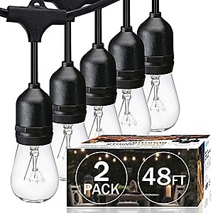 SUNTHIN 2 Pack 48FT Outdoor String Lights,Hanging Incandescent String Lights Commercial Grade Waterproof Patio Light Outside with Dimmable Connectable Edison Glass Bulbs for Bistro,Party,Holiday Decor