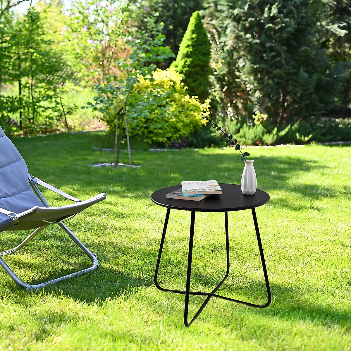 CODIN Set of 2 Outdoor Side Table Outdoor, Metal Side Table Small Round Side Table Weather Resistant End Table Patio Table for Garden Porch Balcony Yard Lawn (2, Black)