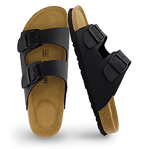 CUSHIONAIRE Men's Lane Cork footbed Sandal with Adjustable Buckle Straps +Comfort, Black Nappa 8