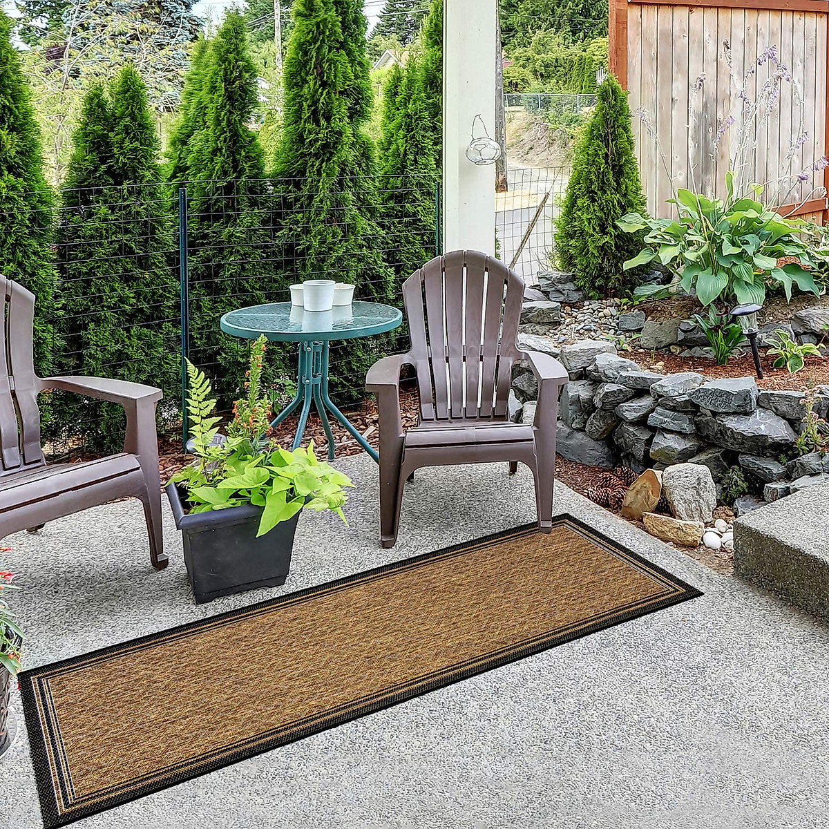 Gertmenian Indoor Outdoor Classic Flatweave Area Rug, Stain & UV Resistant Carpet, Deck, Patio, Poolside & Mudroom, 2x6 Ft Runner, Simple Border, Black Tan, 22013