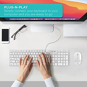 iHome Full Size Wired Keyboard - Compatible with Apple iOS or Windows - Sleek Mac and iMac Style Design - Desktop PC or Laptop