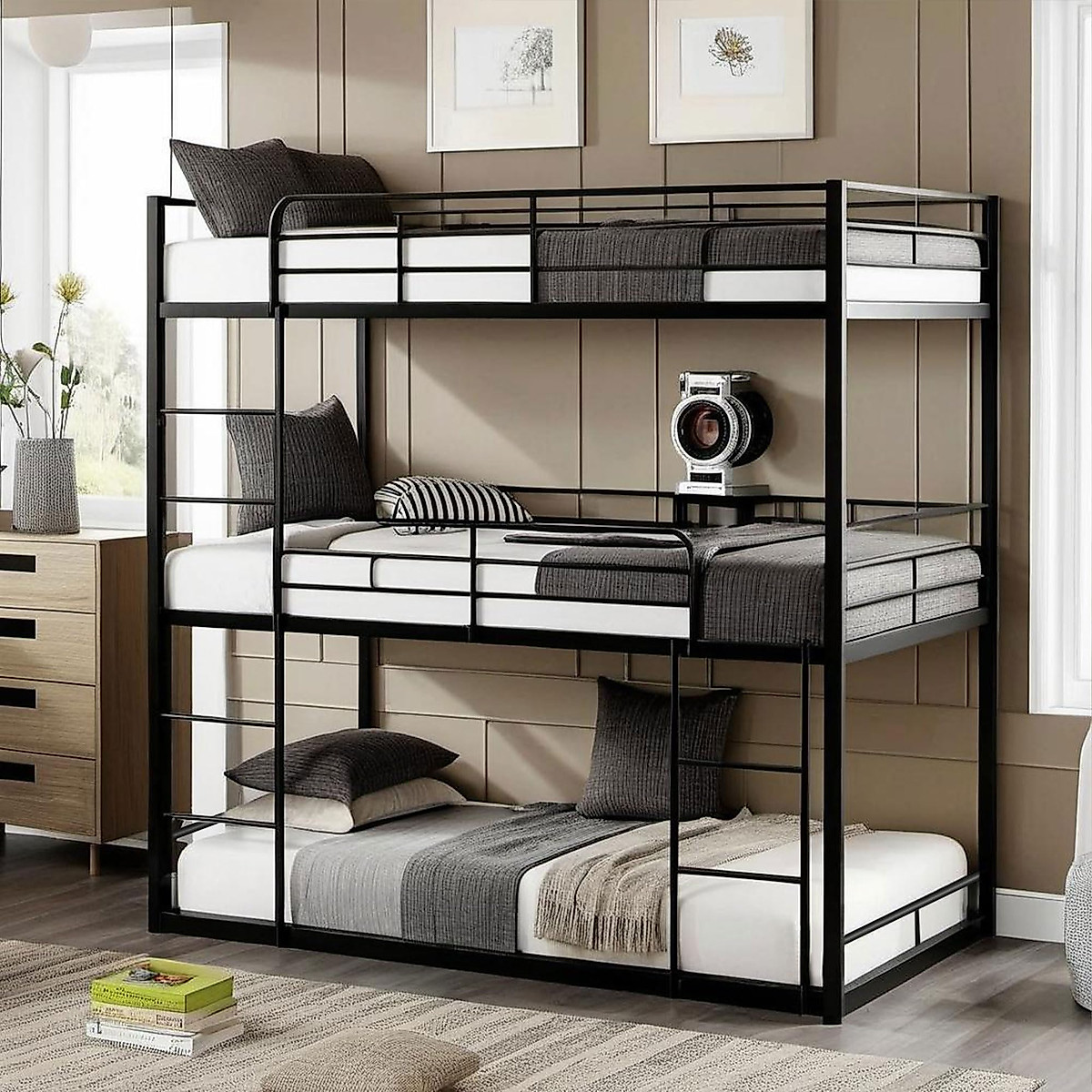 PVWIIK Heavy Duty Triple Bunk Bed for Kids,Twin Over Twin Over Twin Metal Bunkbeds with Ladder for Dorm,Bedroom,Guest Room,No Box Spring Needed, Easy Assembly,Black