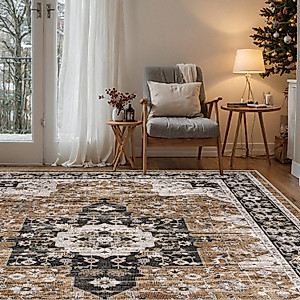 DEXI Washable Area Rug, Soft Vintage Indoor Rugs for Bedroom Living Room Kitchen Dining Room, Non-Slip Low-Pile Floor Carpet Mat for High Traffic Inside House, 8'x12', Brown