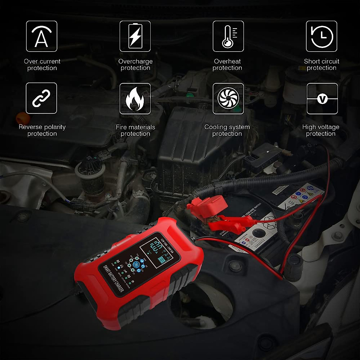 Foxsur 10-Amp 7-Stage Car Battery Charger for Wet/GEL/SLA/LiFePO4/Lead-Acid/AGM Batteries, 12V/ 24V Smart Battery Charger/Maintainer, for ATVs/Golf Cart/Motorcycle/Automobile/Marine etc Quick Charger