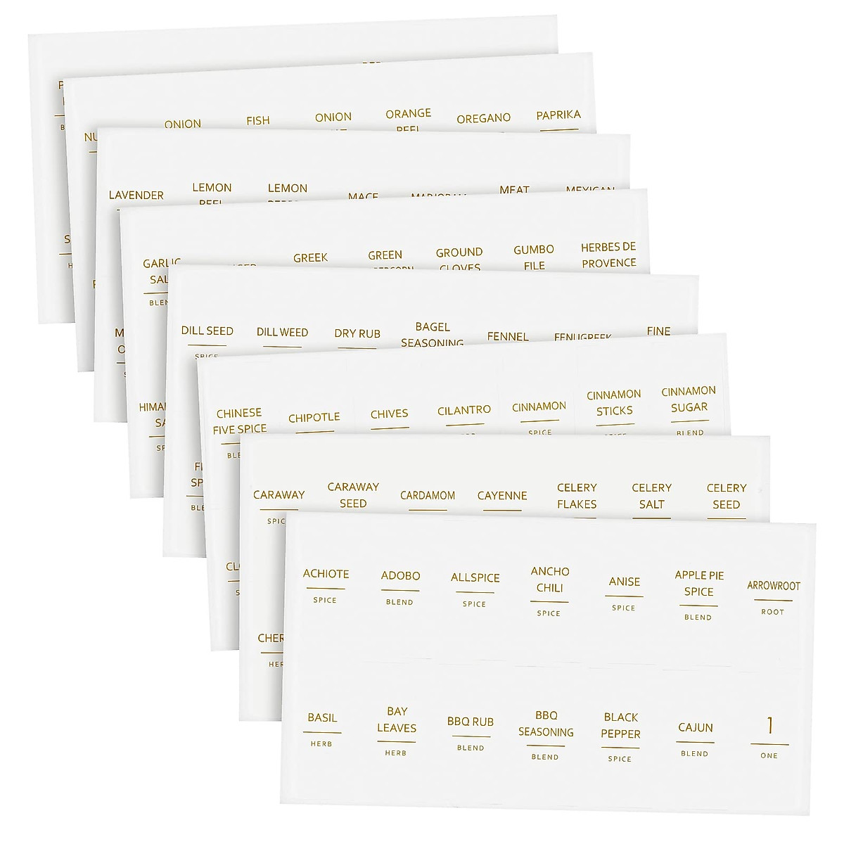 140 Pieces Gold Spice Jar Labels, Minimalist Preprinted All Caps Text on White Stickers for Seasonings, Herbs, Kitchen Organization (Water Resistant)