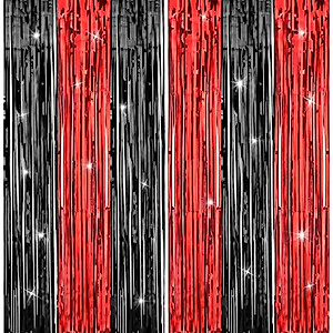 Dimeho Red and Black Fringe Curtain, 2Pcs Foil Fringe Backdrop Curtains 3.3 x 6.6 Feet Red and Black Tinsel Streamers for Graduation Black and Red Birthday Halloween Party Backdrop Decorations