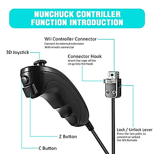 LUXMO PREMIUM 2 in 1 Wii Nunchuck Controller with Motion Plus 2 Packs,Wii Remote Controllers Replacement Remote Game Controller for Wii Wii U Console w/Wrist Strap (Black)