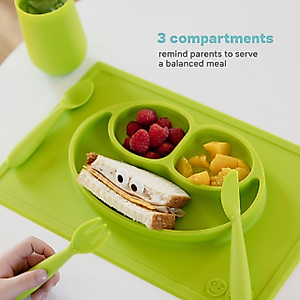 ezpz Happy Mat - 24 Months+ (Gray) - 100% Silicone Suction Plate with Built-in Placemat for Toddlers + Preschoolers - Divided Toddler Plates - Toddler Essentials