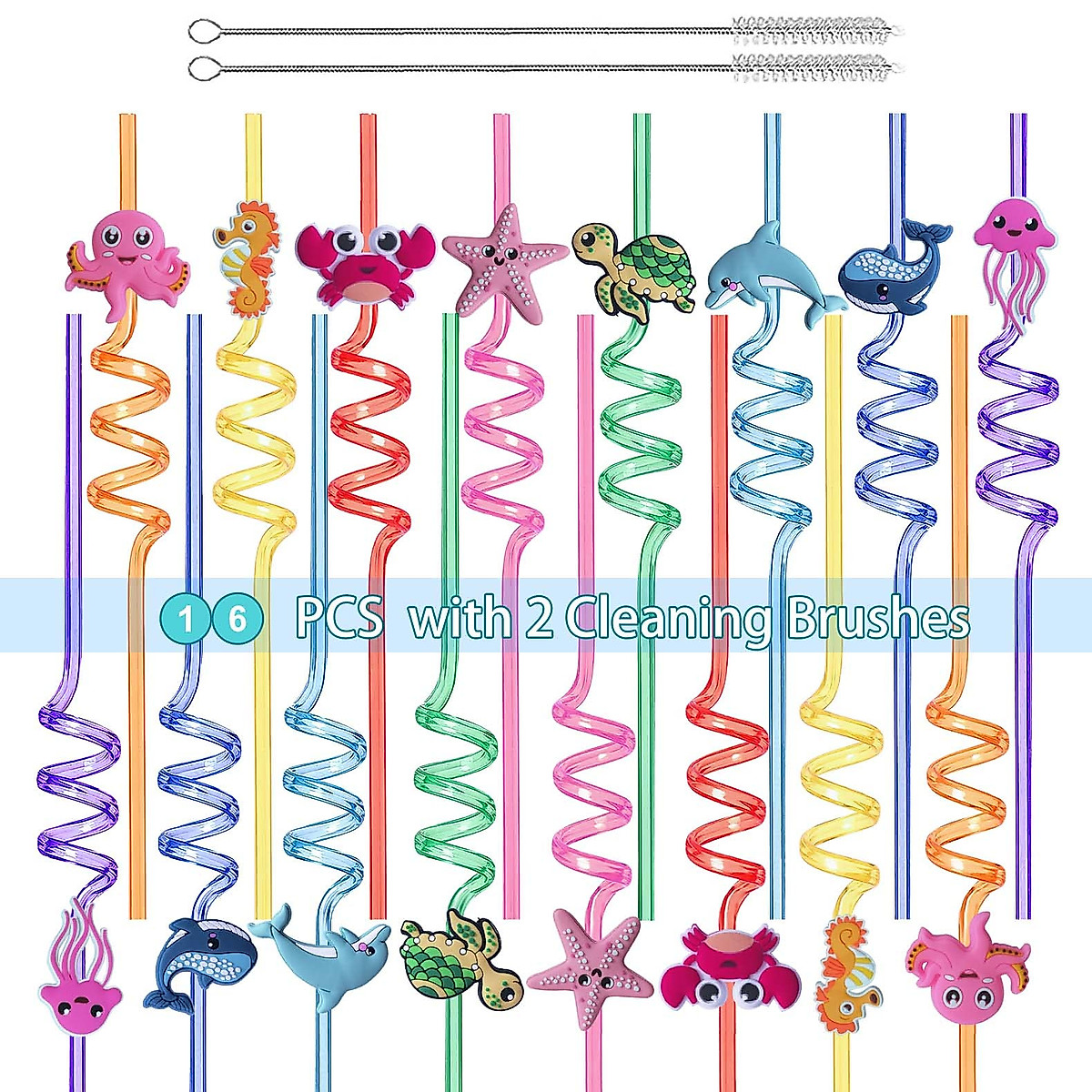 Reusable Sea Animal Straws for Sea Party Favors, 16 PCS Plastic Ocean Creature Drinking Straws Silly Swirly Straws for Kids Party Decorations Beach Ocean Themed Party Supplies with 2 Clean Brushes
