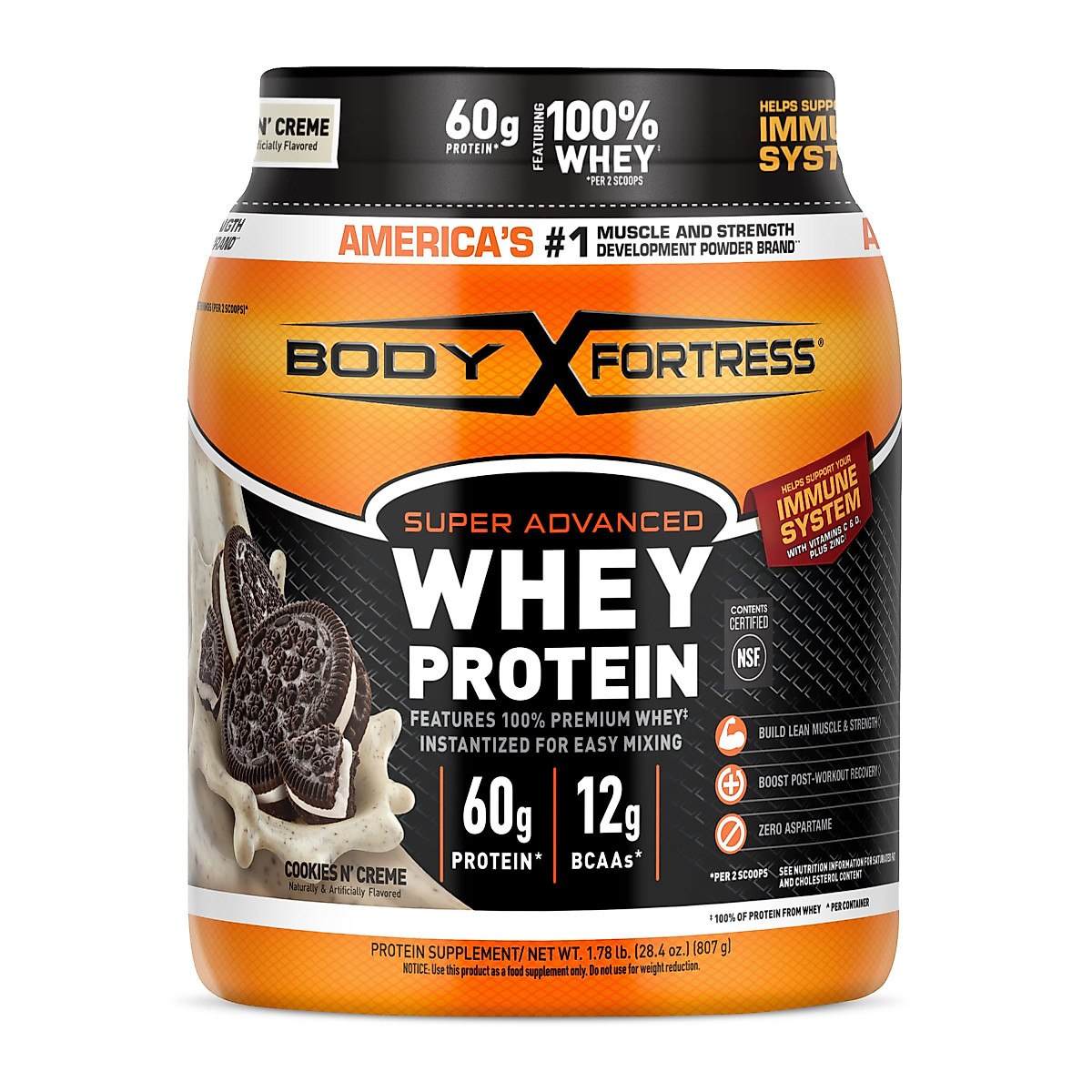 Body Fortress Super Advanced Whey Protein Powder, Cookies N’ Creme, 60g Protein & 12g BCAAs Per 2 Scoops, Muscle Gain & Recovery, Immune Support with Vitamins C & D, 1.78lbs (Packaging May Vary)