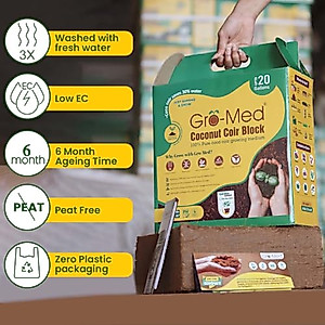 Gro-Med Coco Coir Block - 10lb Compressed Coir Fiber Brick Enriched NPK Expands Upto 80 Quarts-Organic Potting Soil for Flowers, Herbs,Low EC Planting-Growing Medium for Gardening-Seed Starter Soil