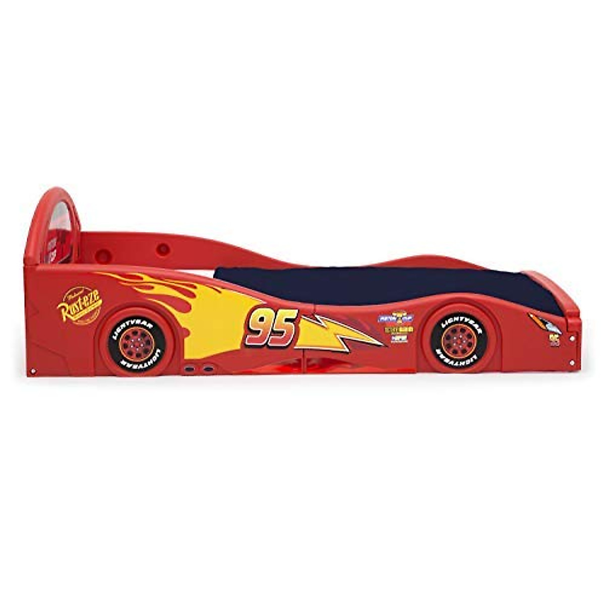 Delta Children Disney Pixar Cars Lightning McQueen Race Car Sleep and Play Toddler Bed with Attached Guardrails