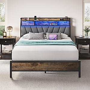 Welzona Queen Bed Frames, Metal Bed Frames with Charging Station, LED Lights Bed Frames with Upholstered Storage Headboard, Sturdy and Noise-Free, Storage Space Under Bed, No Box Spring Needed, Brown