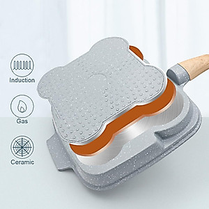 RANXINGST Ceramic Egg Pan with Lid, 10” Nonstick 3 Section Divided Grill Pan with Detachable Handle, Fried Egg Pan Omelette Pan for Breakfast - Blue