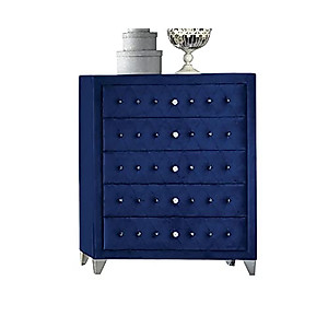 Acme Furniture 5 Drawers Velvet Chest with Button Tufted, Blue