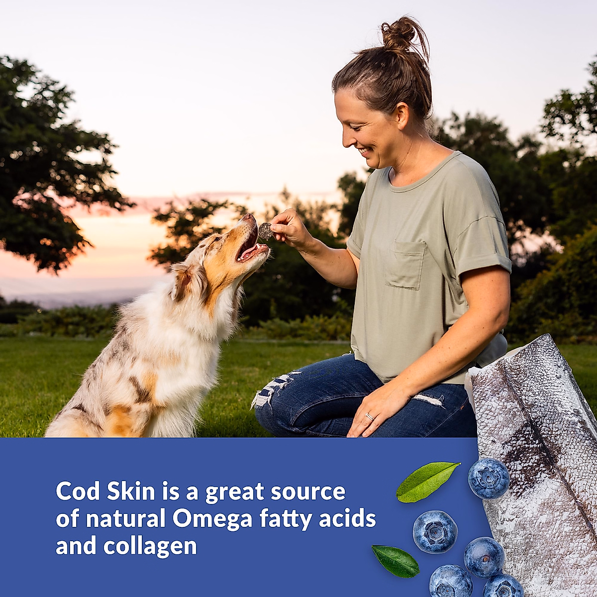 Wild Eats Cod Skins for Dogs, Superfood Healthy Dog Treat Training, 3oz Limited Ingredient Real Blueberry & Cod High in Antioxidants, High Protein, and Marine Collagen for Small, Medium and Large Dogs