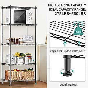 ALVOROG 5-Shelf Shelving Storage Unit Heavy Duty Metal Organizer Wire Rack with Leveling Feet and Hooks Adjustable Shelves for Bathroom Kitchen Garage (23.2Lx13.4Wx59.1H)