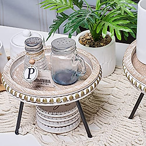 Decorative Wood Pedestal,Plant Holder,Farmhouse Beaded Tray Risers for Kitchen Decor,Round Serving Tray with Removable Metal Legs,Pedestal Stand for Countertop,Kitchen Counter Island Decor.(Brown)