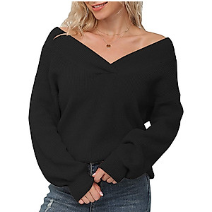 Feiersi Women's Off Shoulder Sweater Long Sleeve Loose Tops V-Neck Pullover Knit Jumper(Black,X-Large)