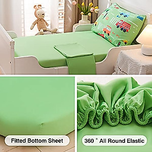 A Nice Night 4PCS Toddler Bedding Set, Transport Vehicles Cars Pattern, Comforter Sets,Includes Comforter, Flat Sheet, Fitted Sheet and Pillowcase,Green