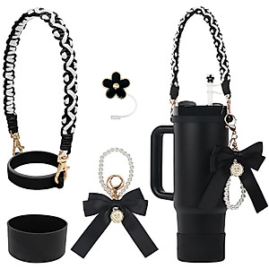BELSITA Stanley Cup Accessories Set, Bow Pearl Chain Braided Design Water Bottle Handle Strap, Silicone Stanley Cup Boot, Stanley Charms for Stanley Cup 30/40oz Tumble (Black)