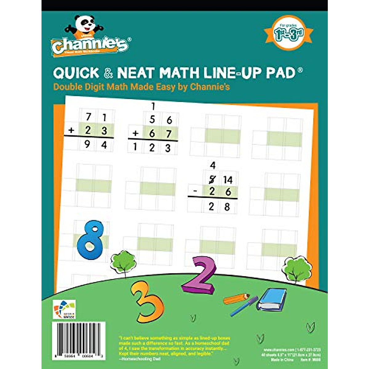 Channie’s Quick and Neat Math LineUp Workbook for 1st-3rd Grade Elementary School Students,Double Digit Math Made Easy, 80 Pages