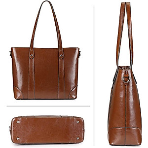 S-ZONE Leather Tote Bag for Women Office Shoulder Handbag 15.6 Inch Work Laptop Briefcase (Dark Brown)