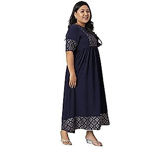 Janasya Indian Women's Plus Size Dark Blue Poly Crepe Kurta(PJNE3363-KR-A-5XL)