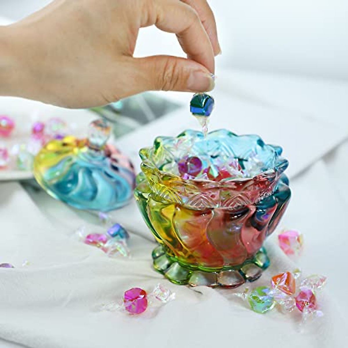 SOCOSY Royal Embossed Clear Glass Apothecary Jar With Lids, Candy Jar Containers Wedding Candy Buffet Jars Crystal Jewelry Box Food Jar 7oz