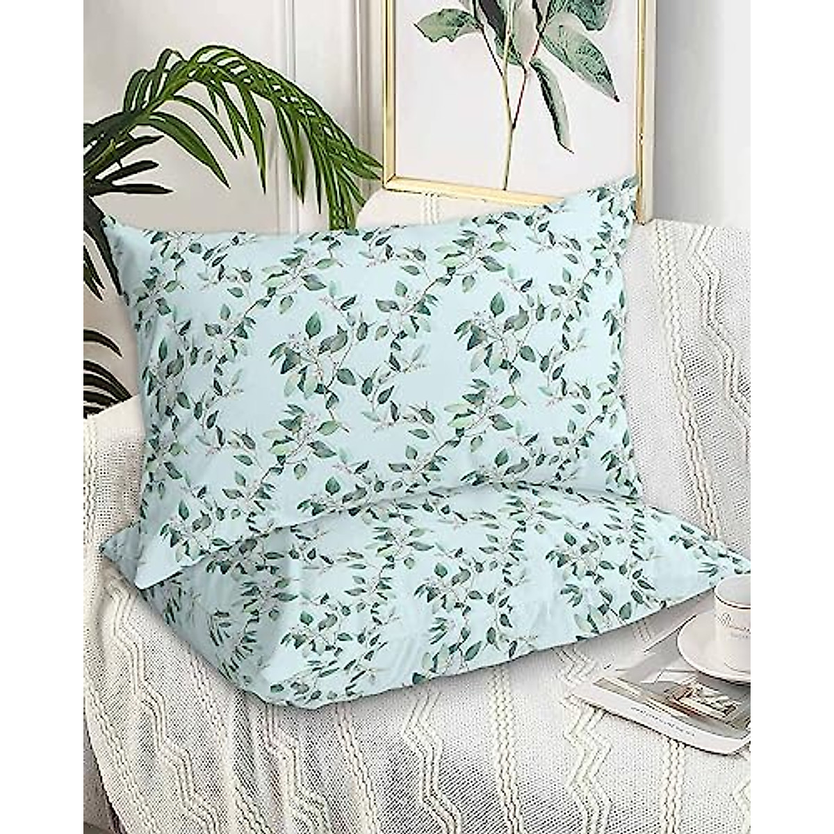 Edwiinsa Summer Tropical Leaves Pillow Covers Standard Size Set of 2 20x26 Bed Pillow, Blue Spring Floral Farmhouse Plush Soft Comfort for Hair/Skin Cooling Pillowcases with Envelop Closure
