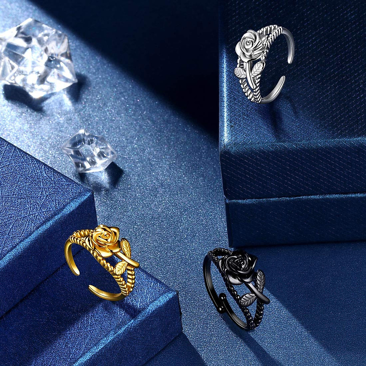 beautlace Rose Adjustable Rings Black Gun Plated Flower Open Ring Elegant Jewelry Gifts for Women KR0013K